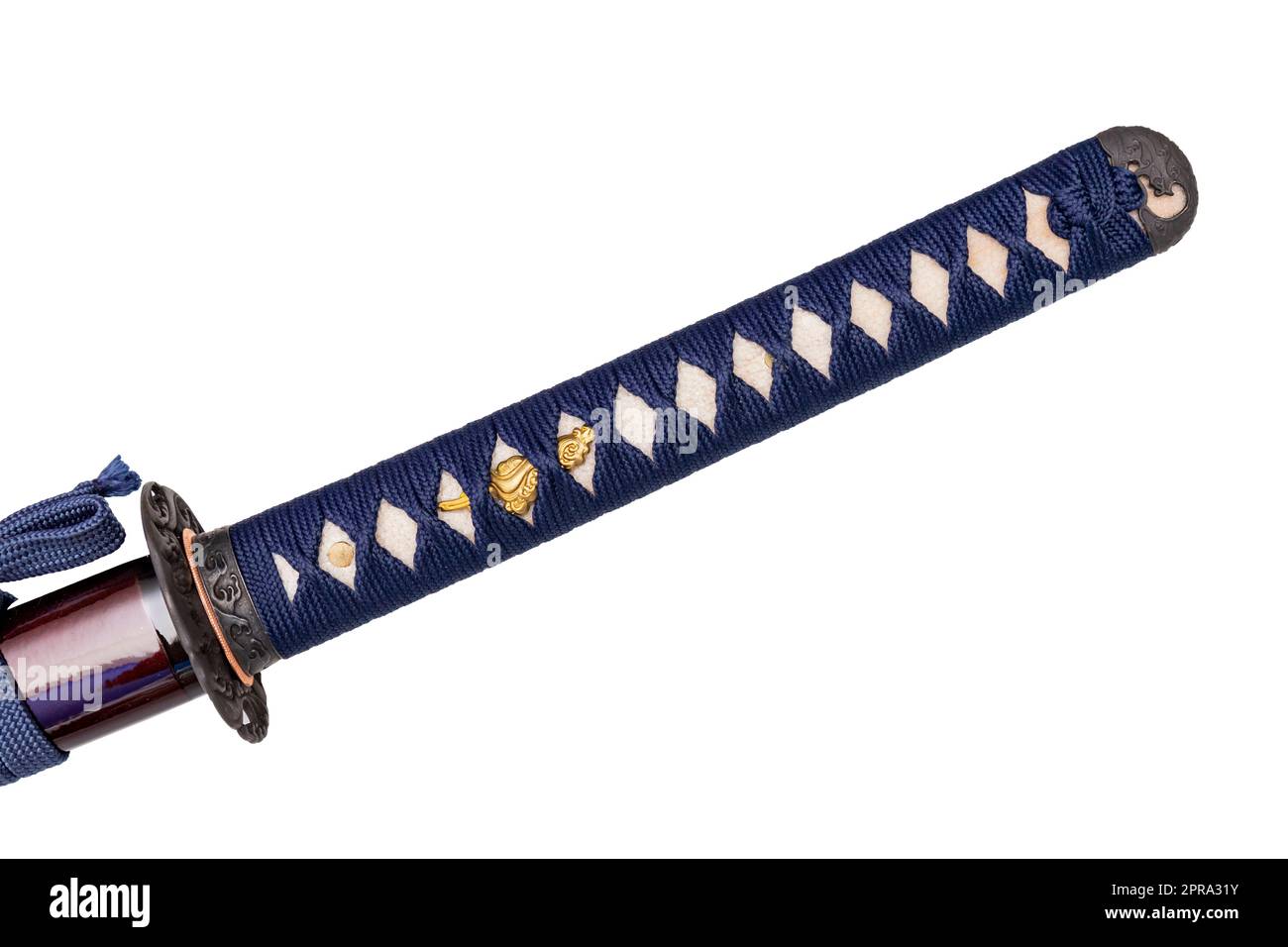 Tsuka : handle of Japanese sword wrapped by navy silk cord on white ray ...