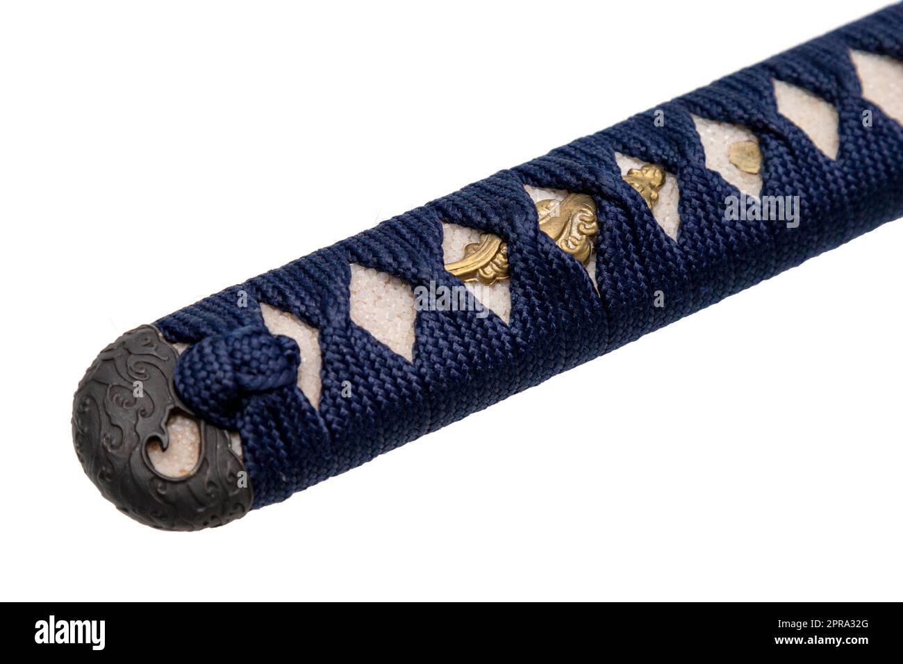 Close-up Tsuka : handle of Japanese sword wrapped by navy blue silk ...