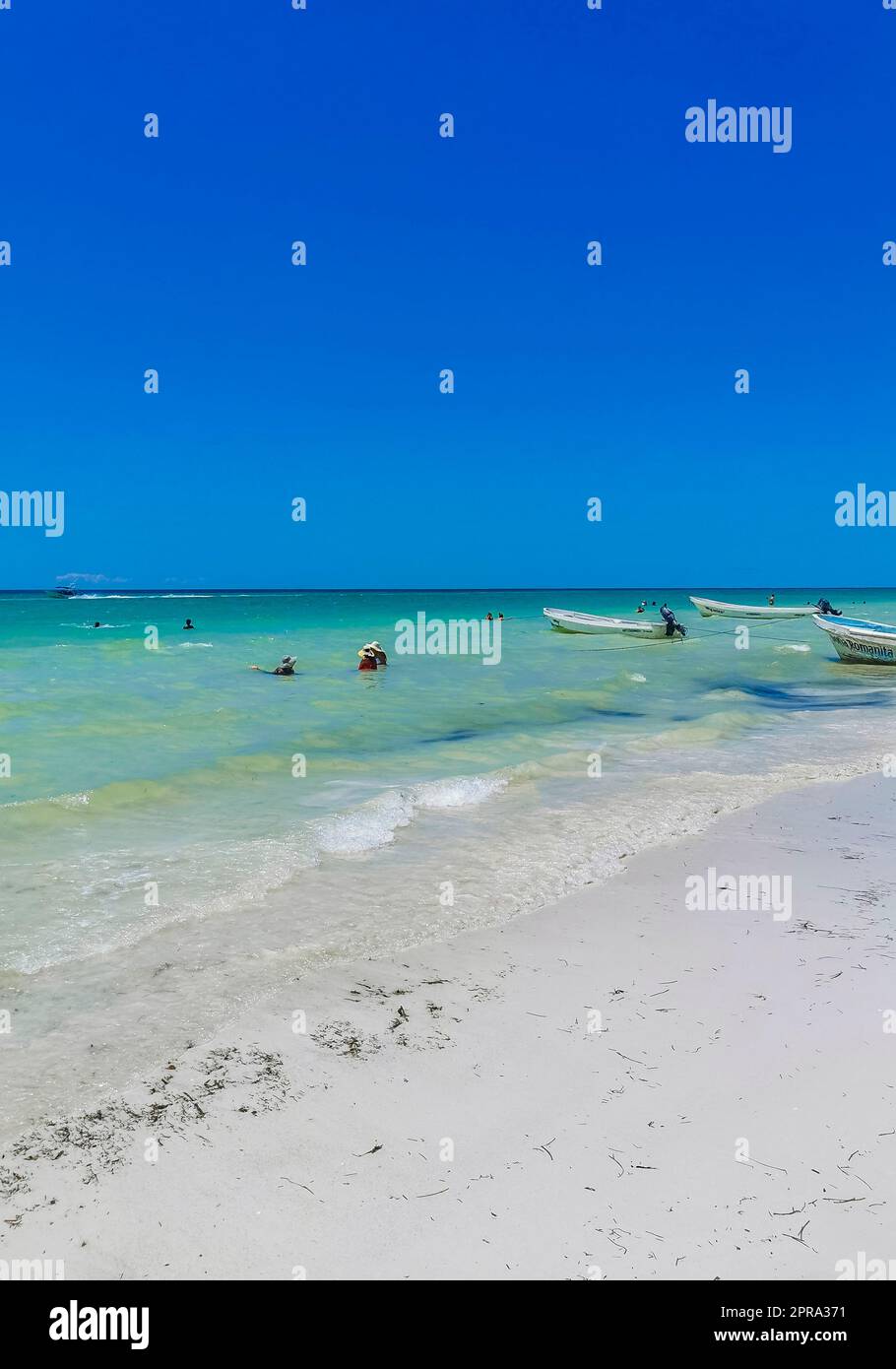 Beautiful Holbox island beach sandbank panorama turquoise water people ...