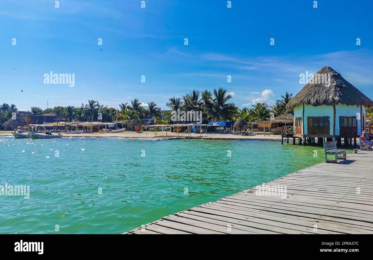 Beautiful Holbox island beach sandbank panorama turquoise water people ...