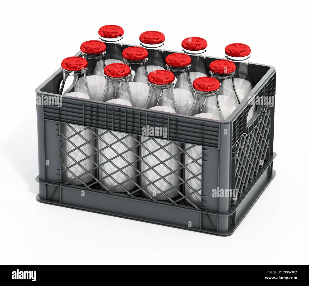 Milk bottles inside plastic crate. 3D illustration Stock Photo - Alamy