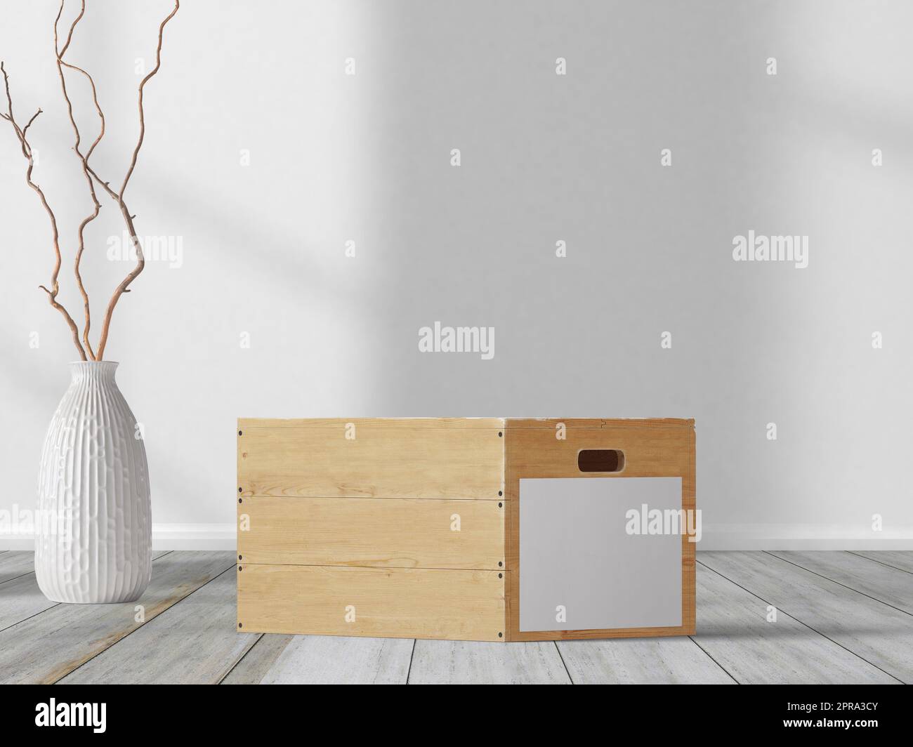 Mockup template large wooden crate on a wooden plank floor ...