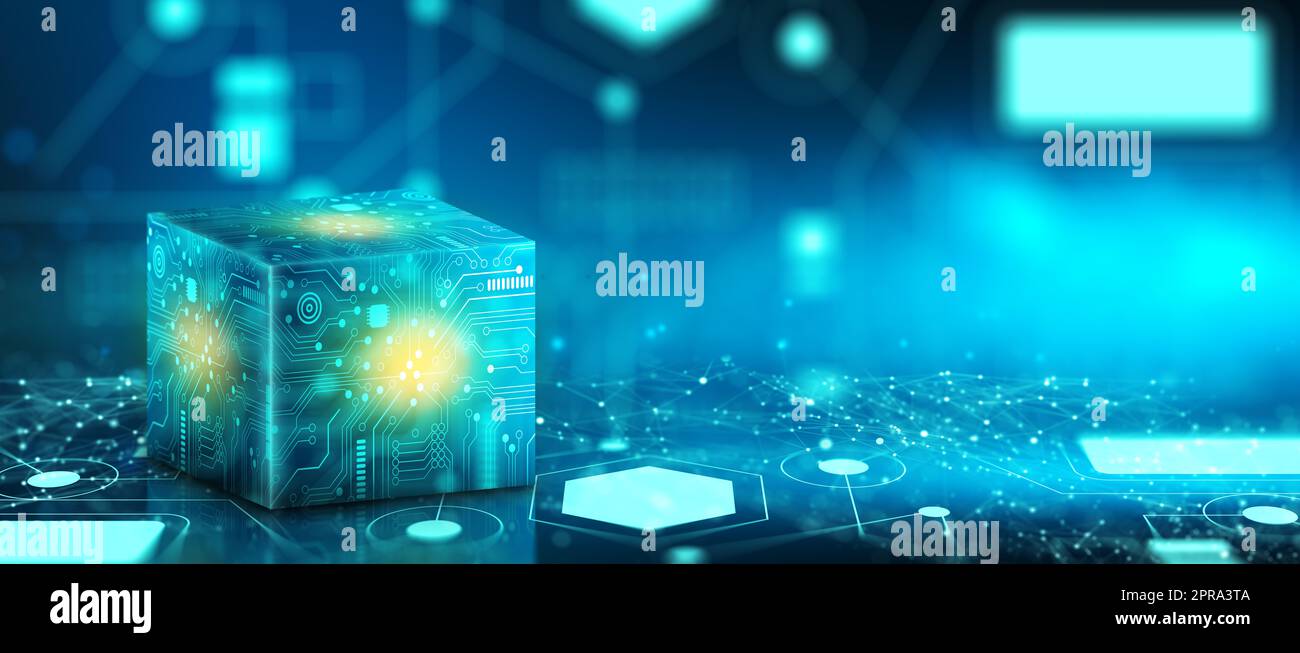 Cube technology on Converging point of circuit with Abstract blue background. Blockchain Network ...