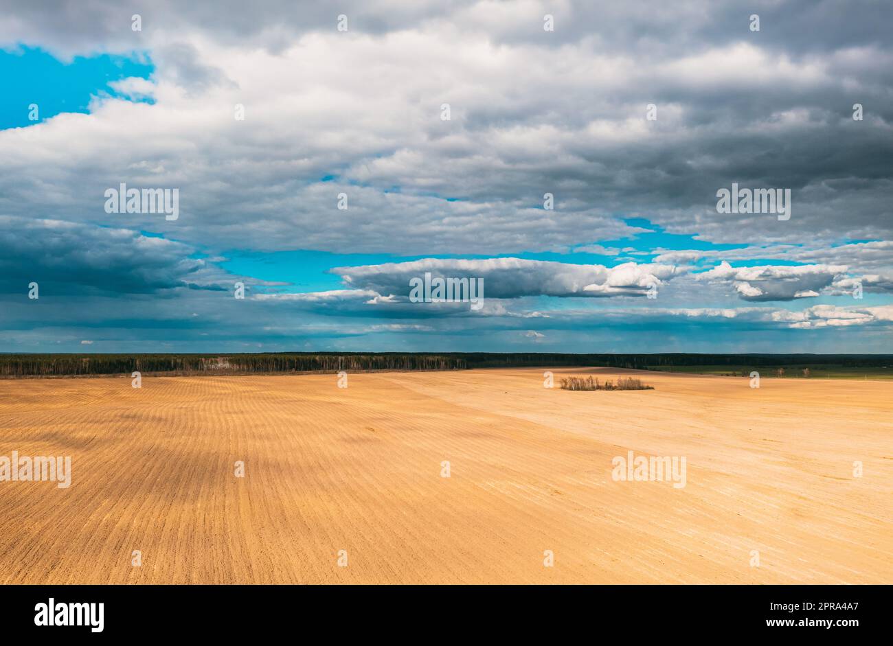 Aerial View. Amazing Natural Dramatic Sky With Rain Clouds Above Countryside Rural Field ...
