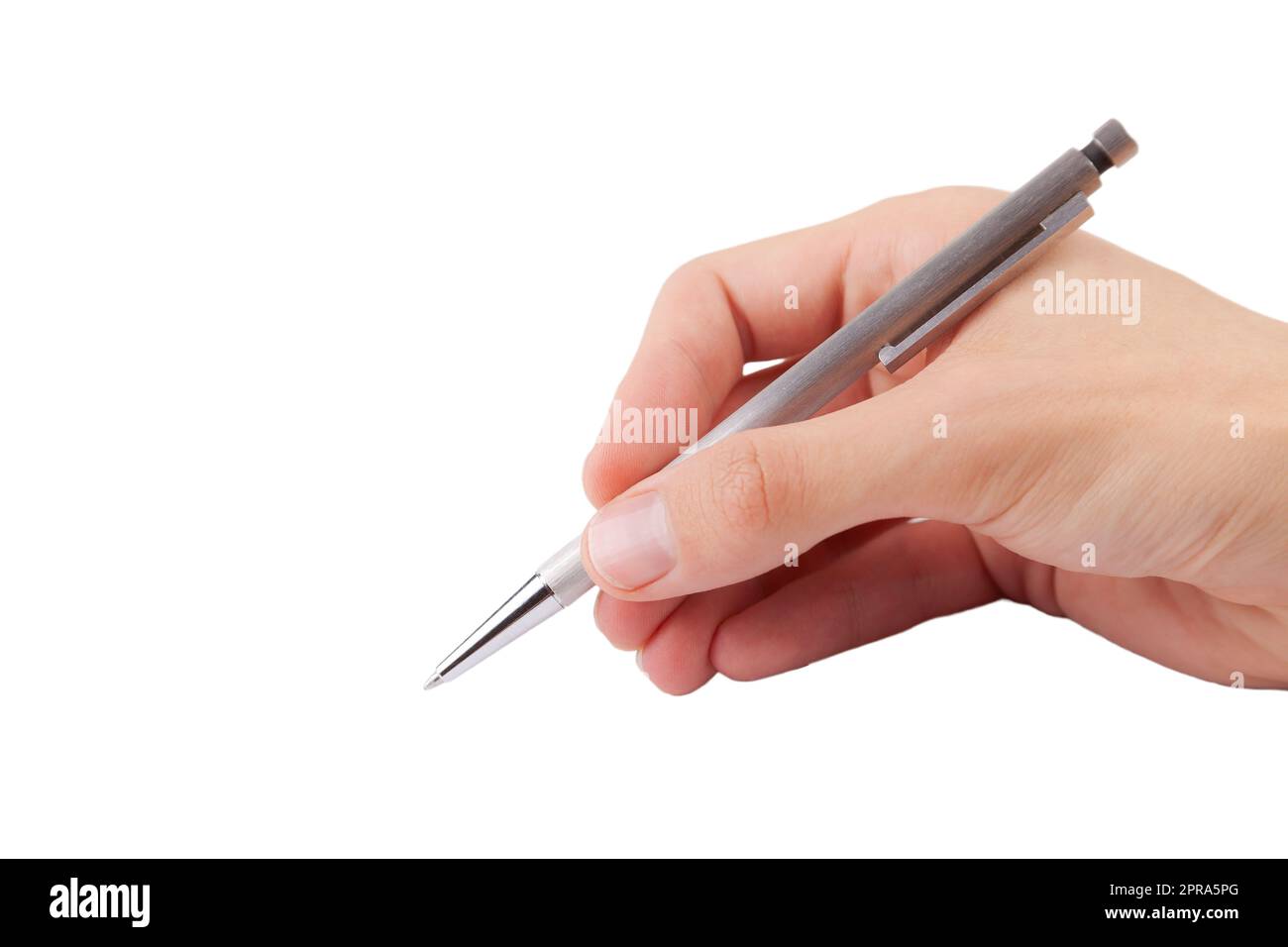 Man writing with a simple modern silver pen, hand isolated on white ...