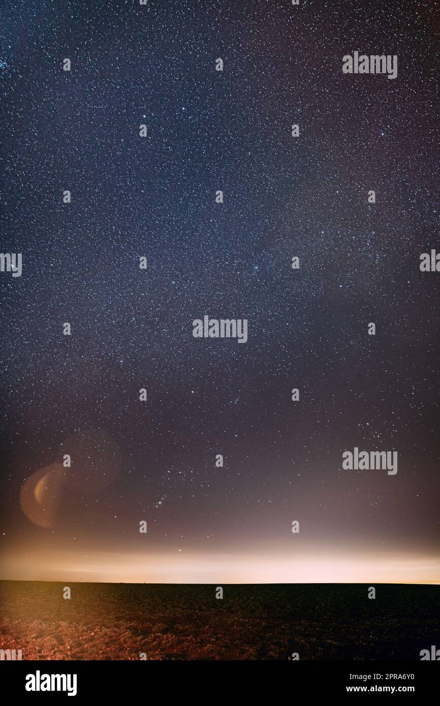 Night Starry Sky With Glowing Stars Above Countryside Landscape. Milky ...