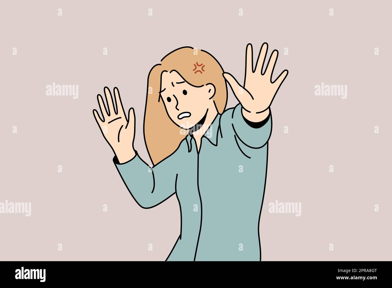 Scared young woman make stop hand gesture feeling danger or confusion ...