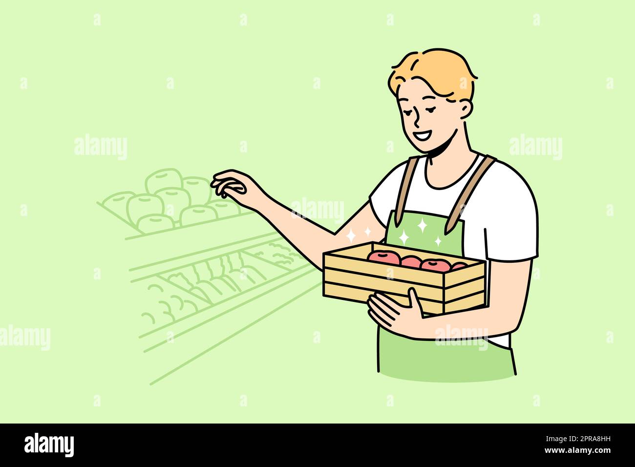 Man in uniform working in supermarket. Male employee busy in fruit shop ...