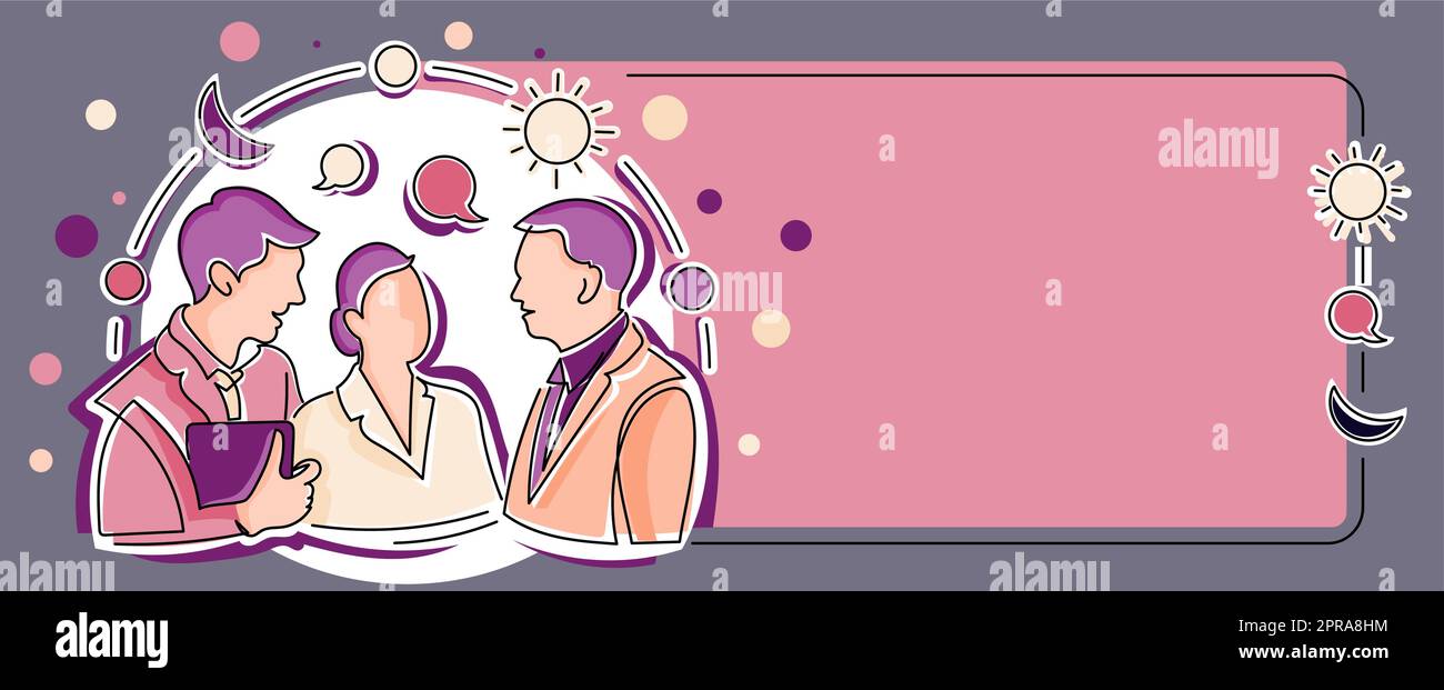 Three Colleagues Standing Sharing Thoughts Together With Speech Bubbles ...