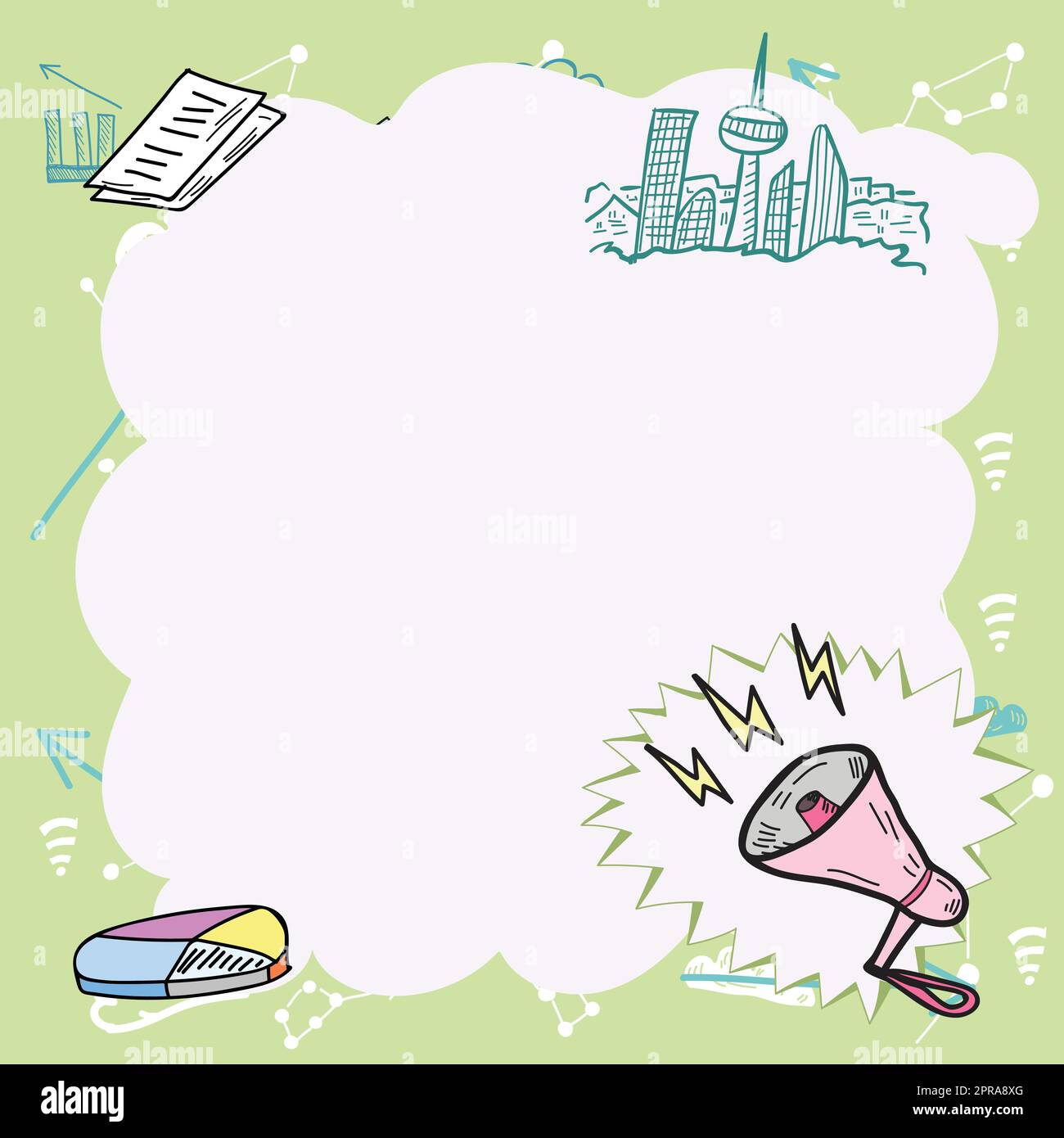 Important Messages Presented In Frame With Megaphone, Chart And Skyline ...