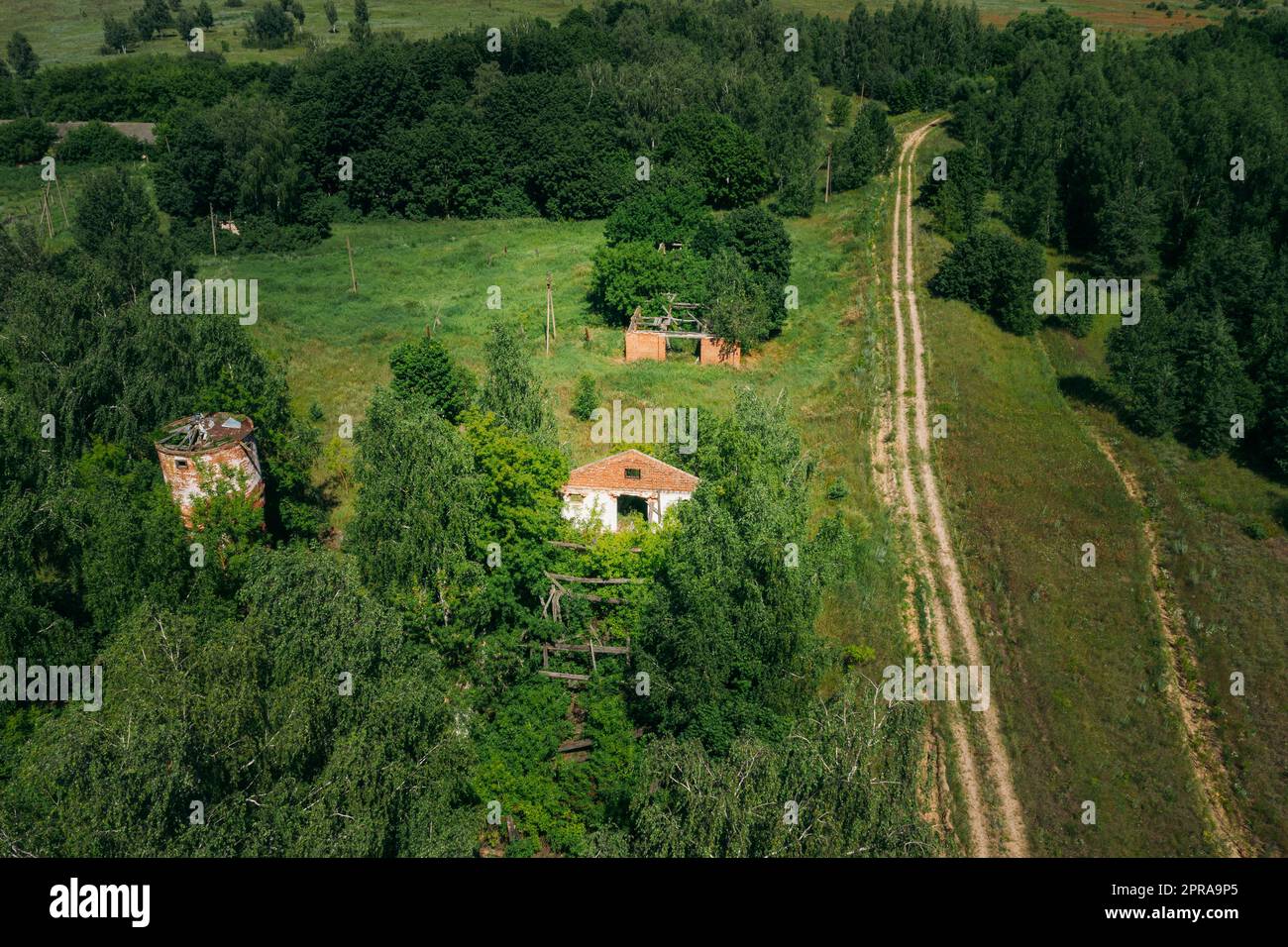 Belarus. Aerial View Of Ruined Cowshed In Chernobyl Zone. Chornobyl ...