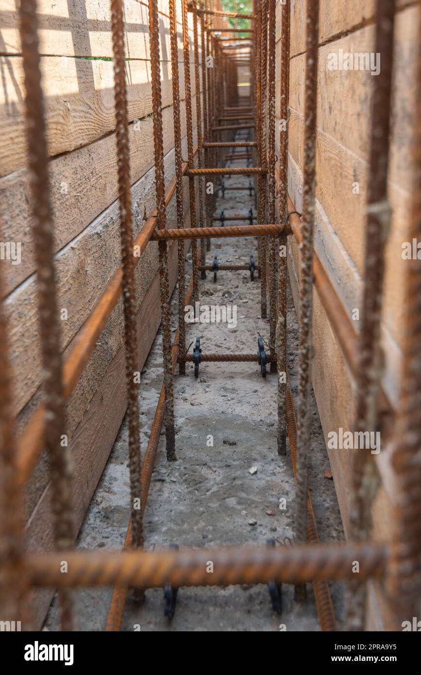Tied rebar and mounted formwork close-up, view inside the trench Stock ...