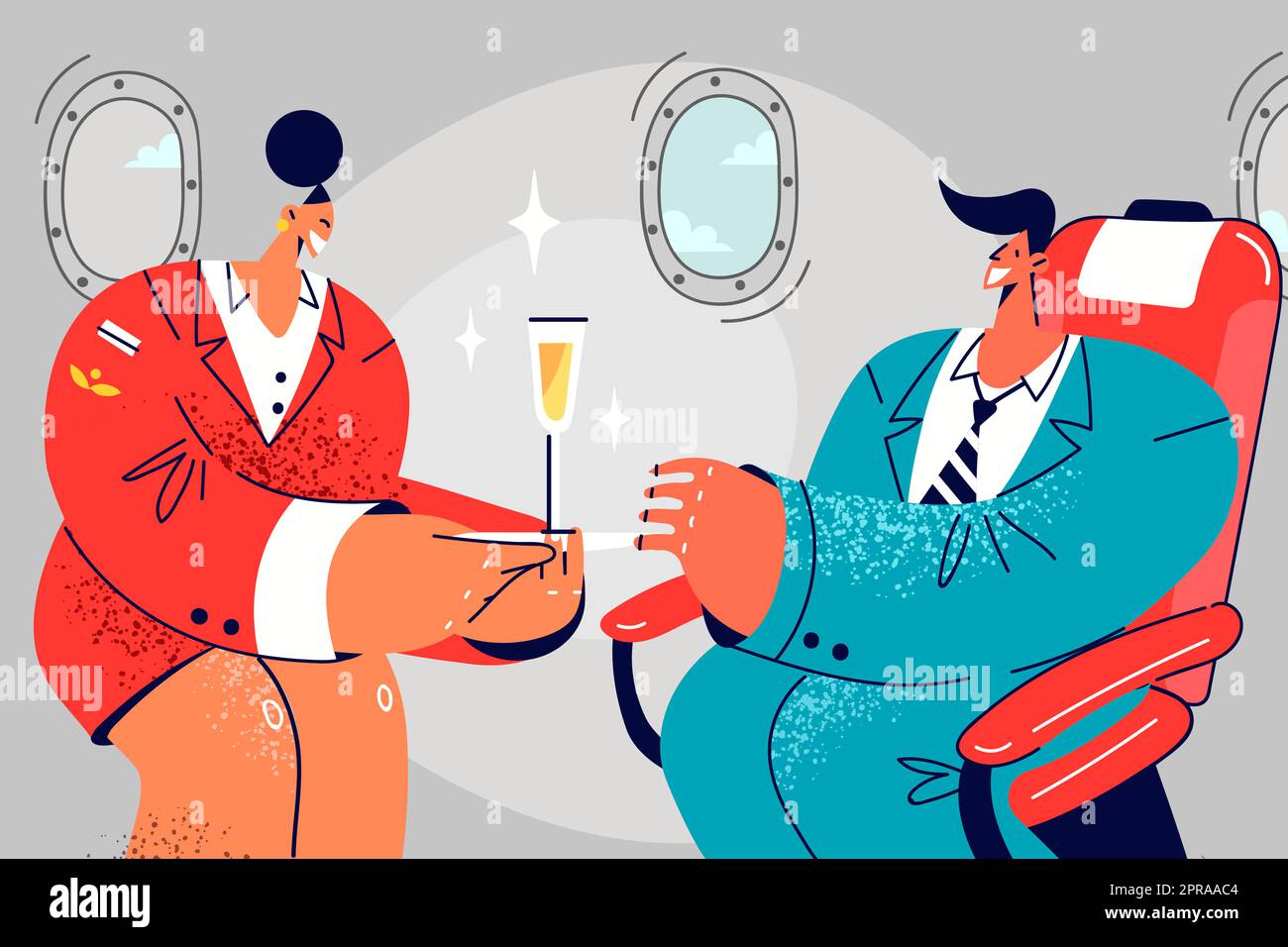 Smiling stewardess serve rich businessman in business class on flight ...