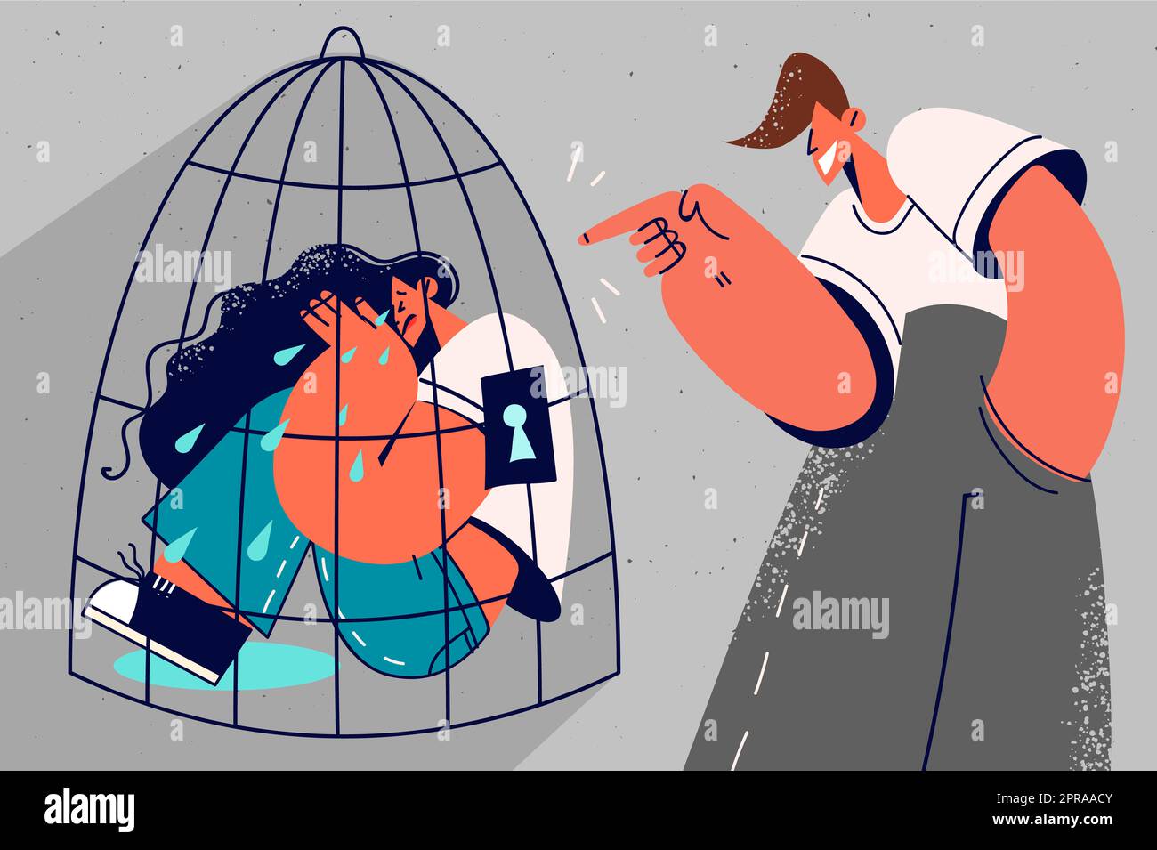 Aggressive man laughing at unhappy woman locked in cage. Unfriendly guy ...