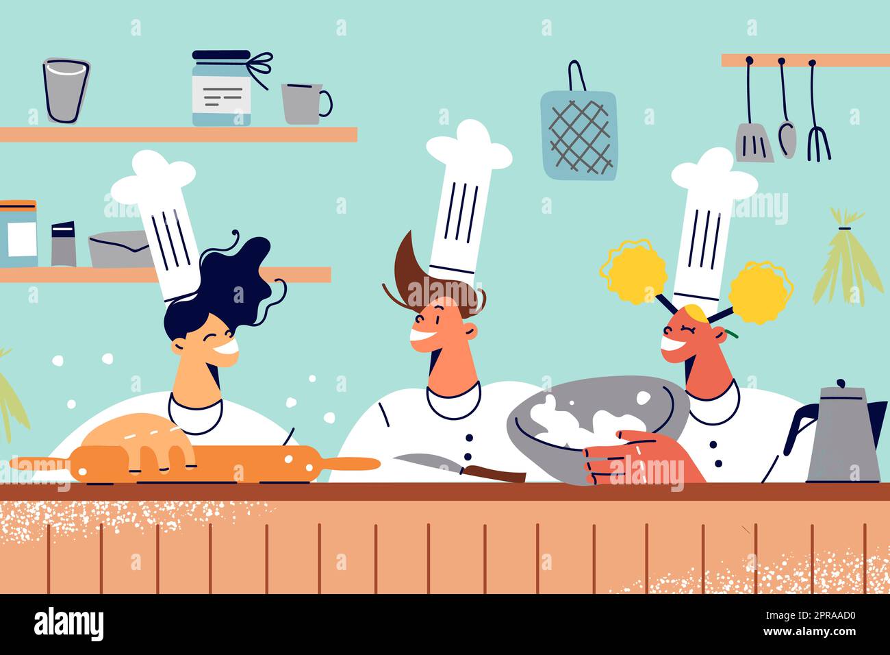 Happy children cooking together at kitchen. Smiling kids have fun ...