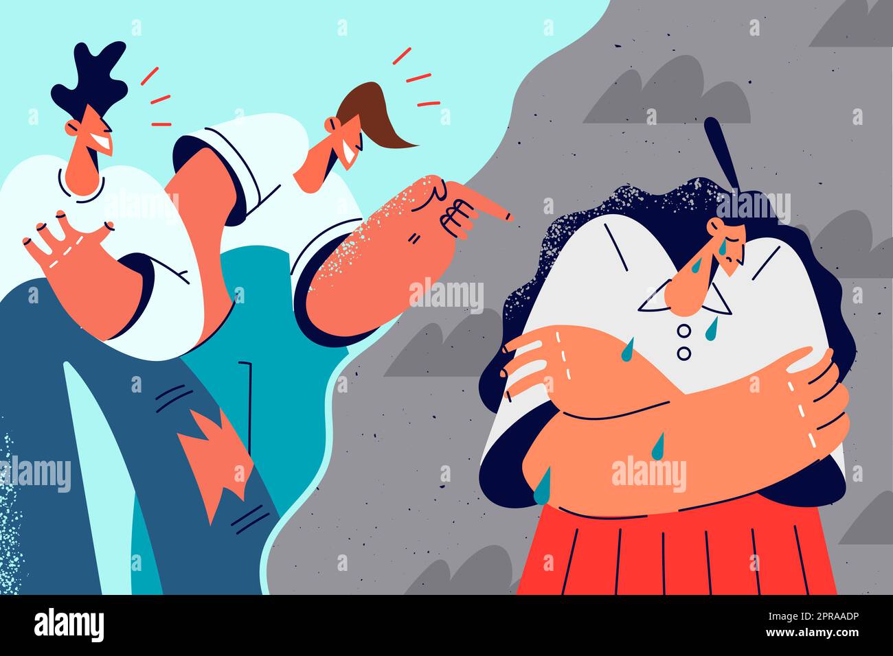 Bad unfriendly guys laughing at unhappy stressed female student ...