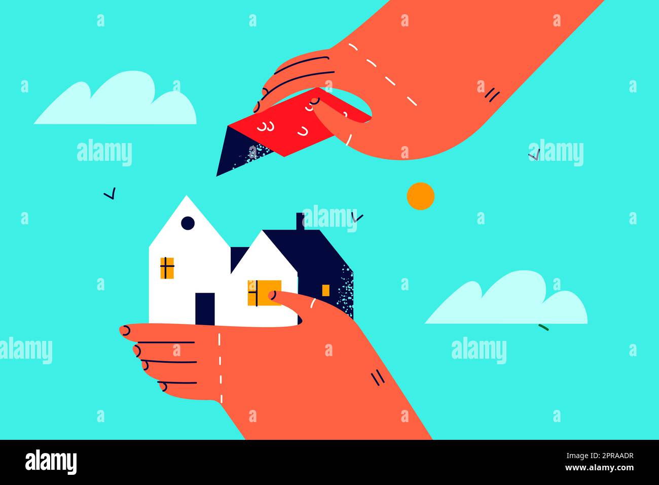 Hands putting roof on tiny house maquette. Person attach rooftop to ...
