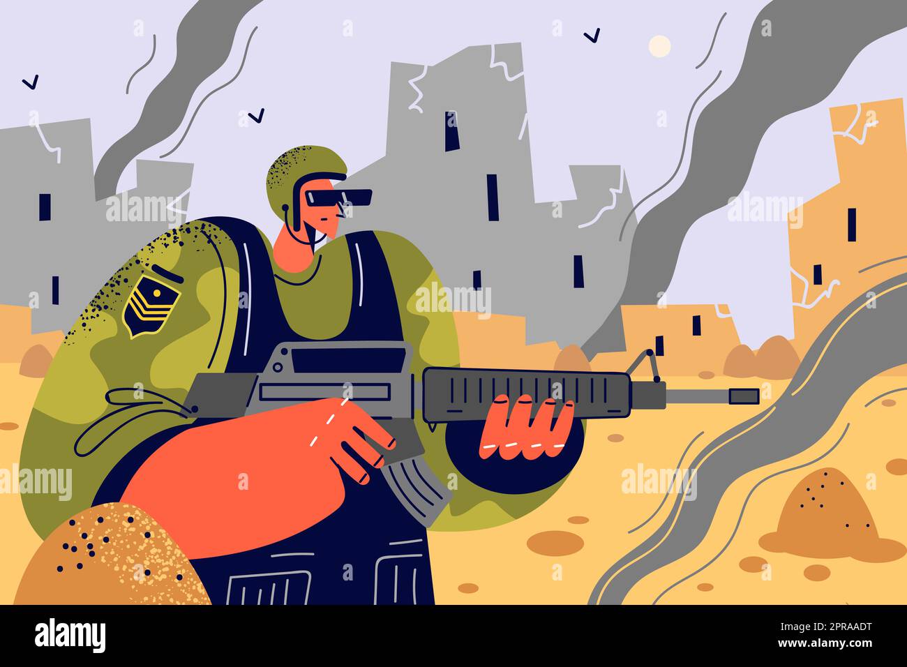 Man in uniform holding gun fighting on war field. Male soldier on ...