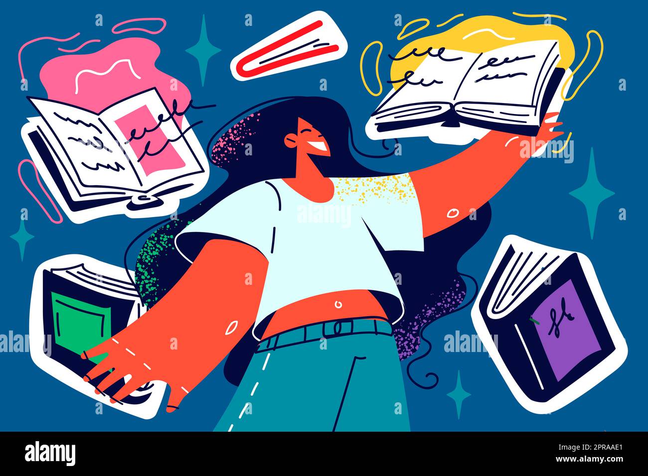 Happy girl student surrounded with books enjoy education in college or ...