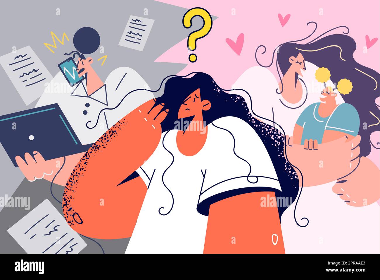 Confused woman thinking of family and career options. Frustrated female ...