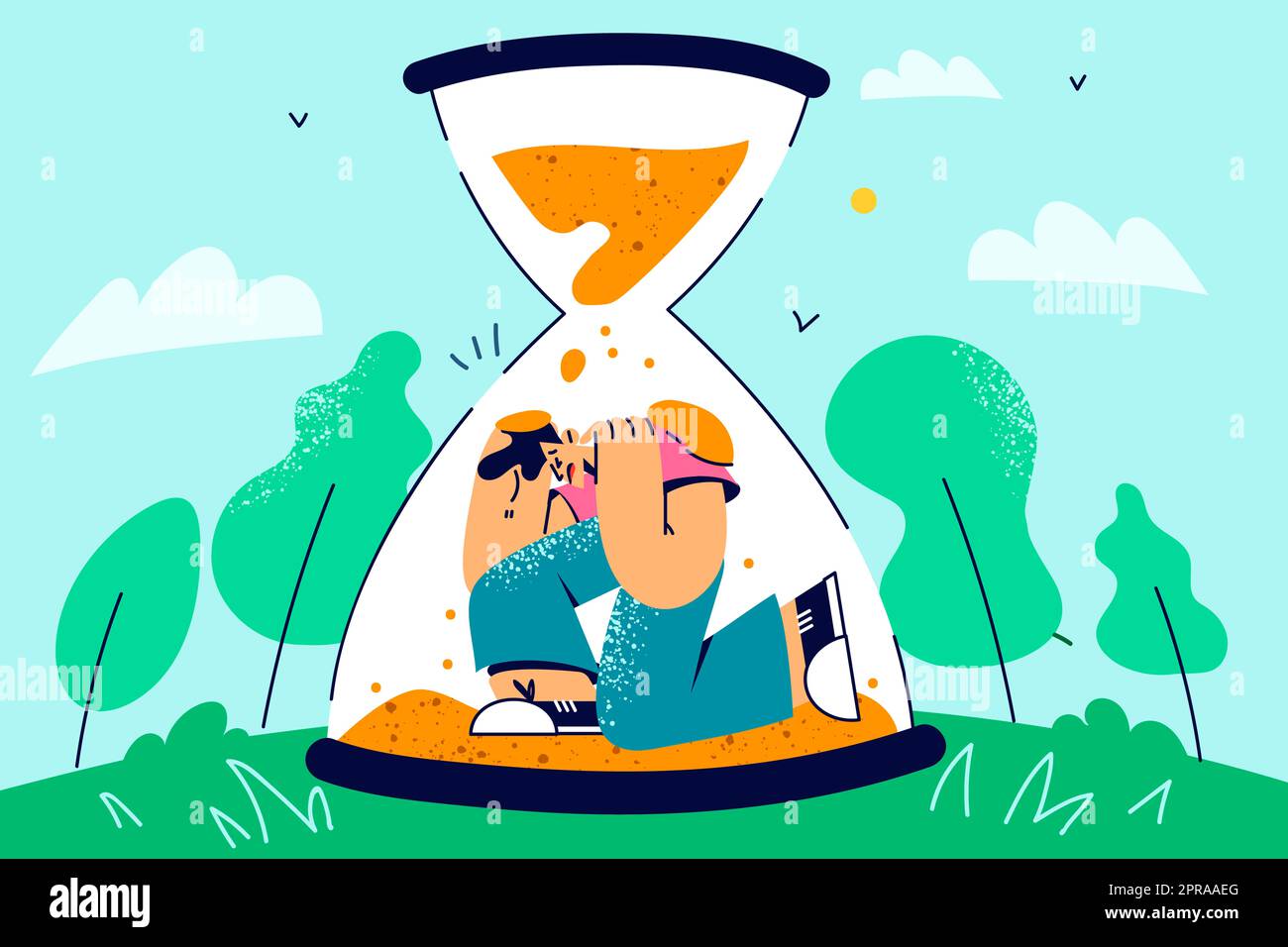 Stressed man sitting in hourglass frustrated with deadline. Unhappy ...