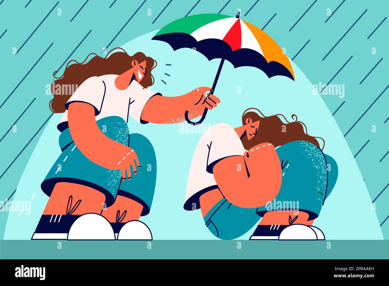 Friend covering unhappy crying woman with umbrella in rain. Person help ...