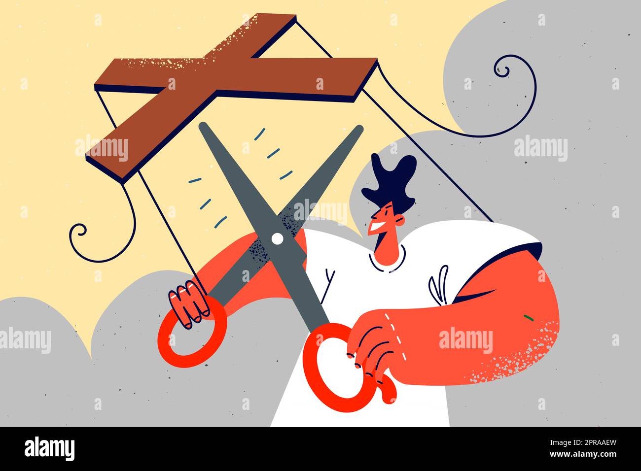 Happy man cut puppeteering ropes with scissors escape from manipulation ...