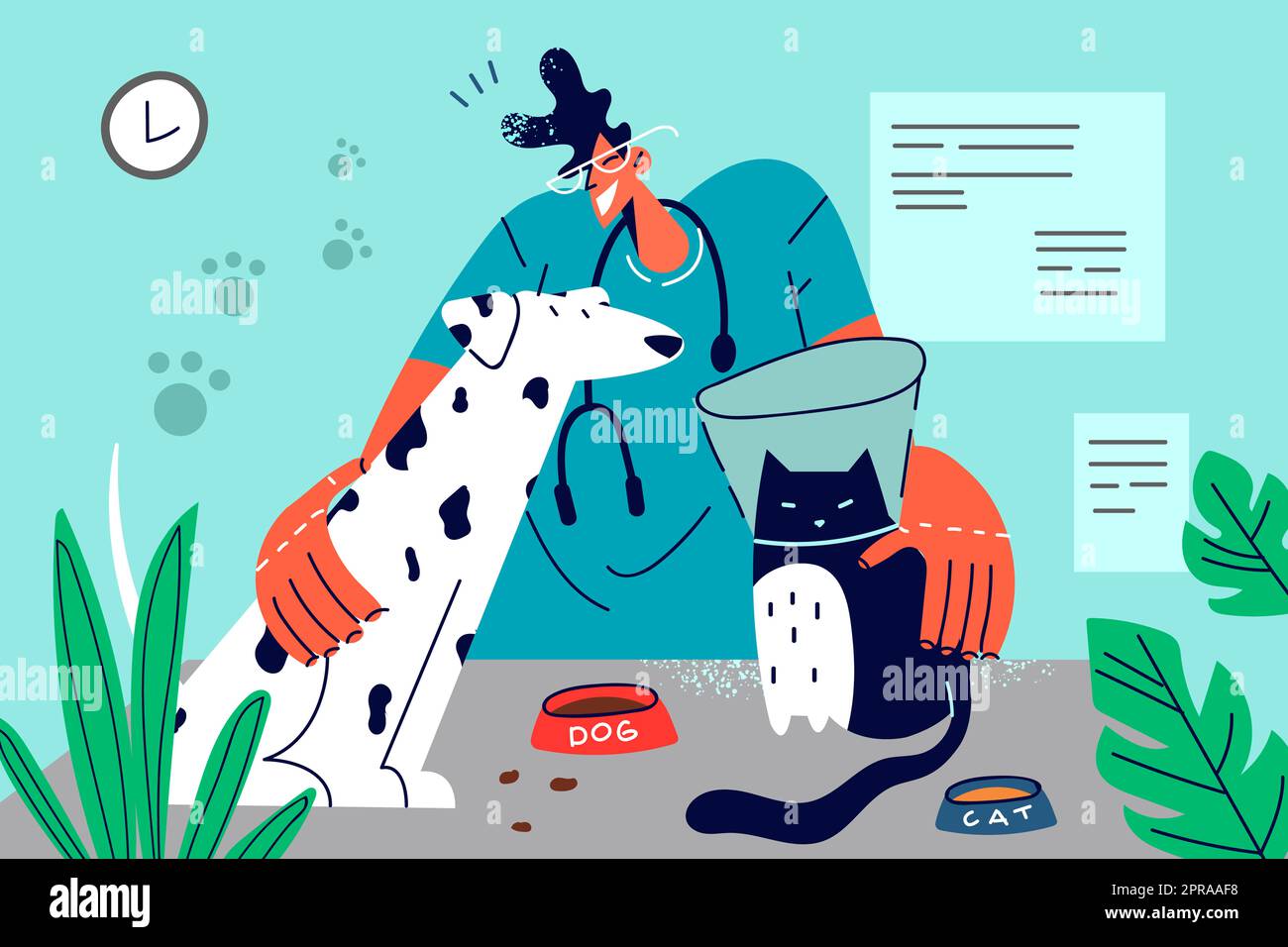 Smiling veterinarian with pets in clinic. Happy vet doctor work with ...