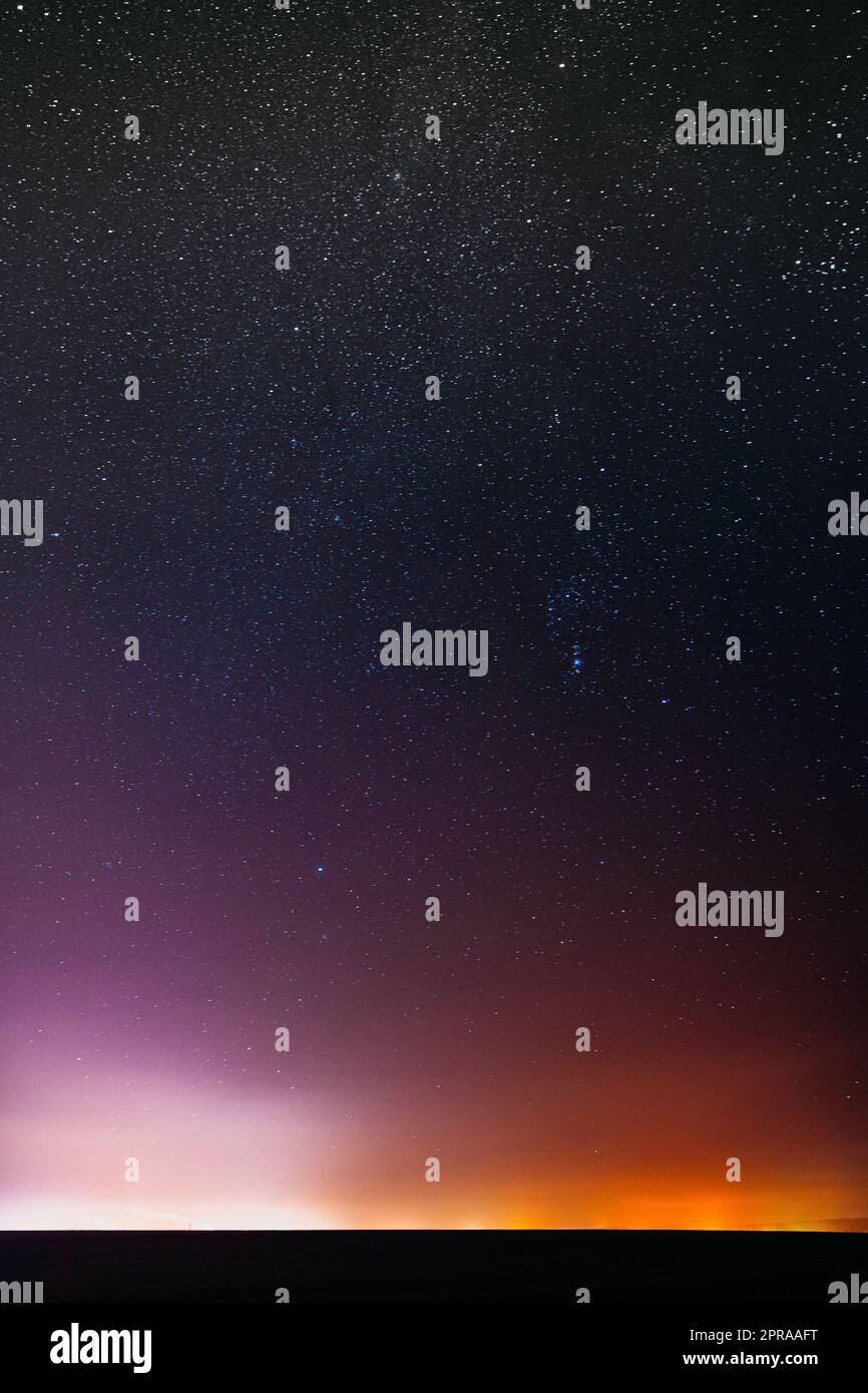 Night Starry Sky With Glowing Stars Above Countryside Landscape. Milky ...