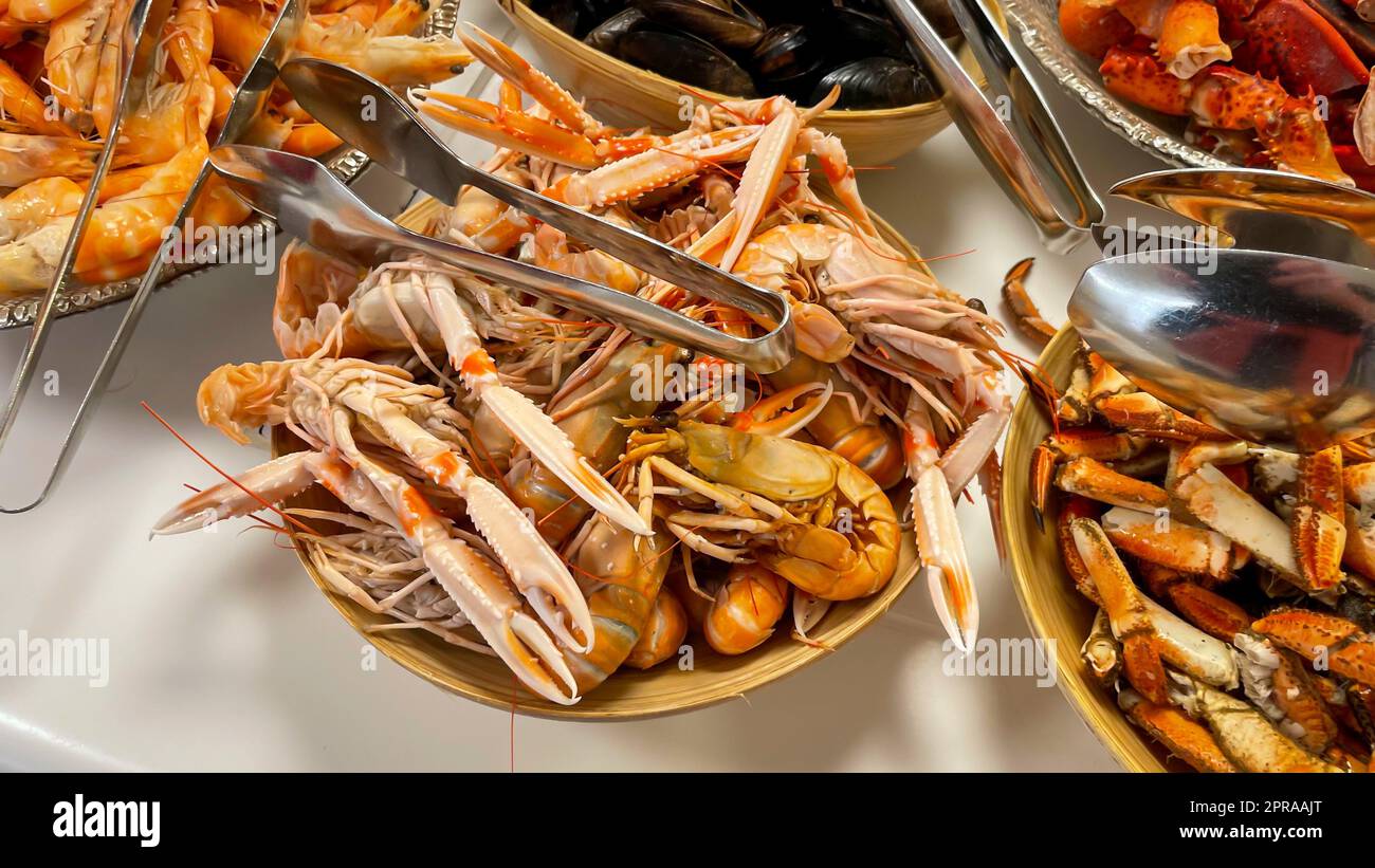 Cooked parts of crabs, shrimps and crabs on a buffet Stock Photo - Alamy