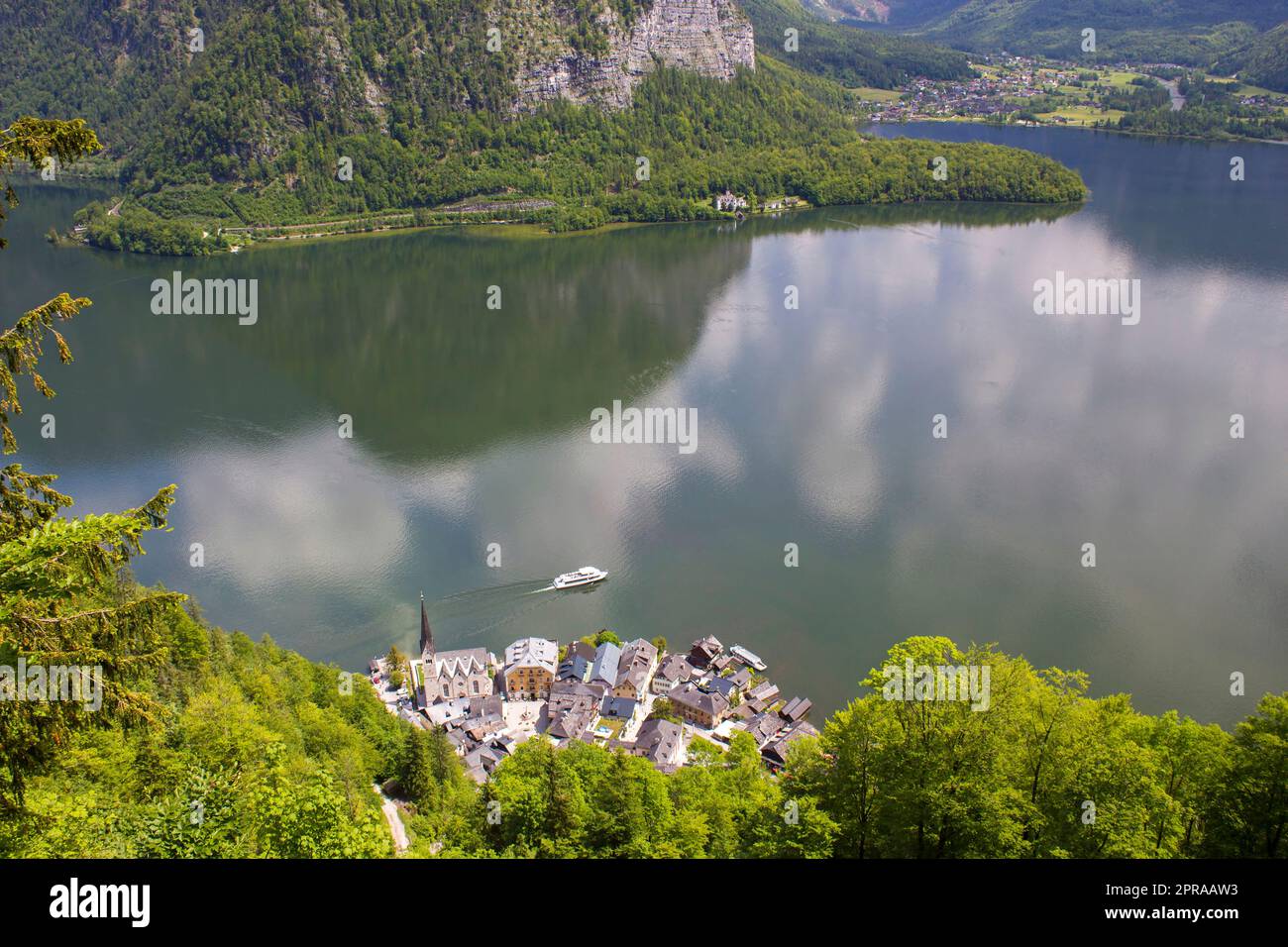 Aerial View of a Hallstatt village with a Hallstatt Lake in Austria ...