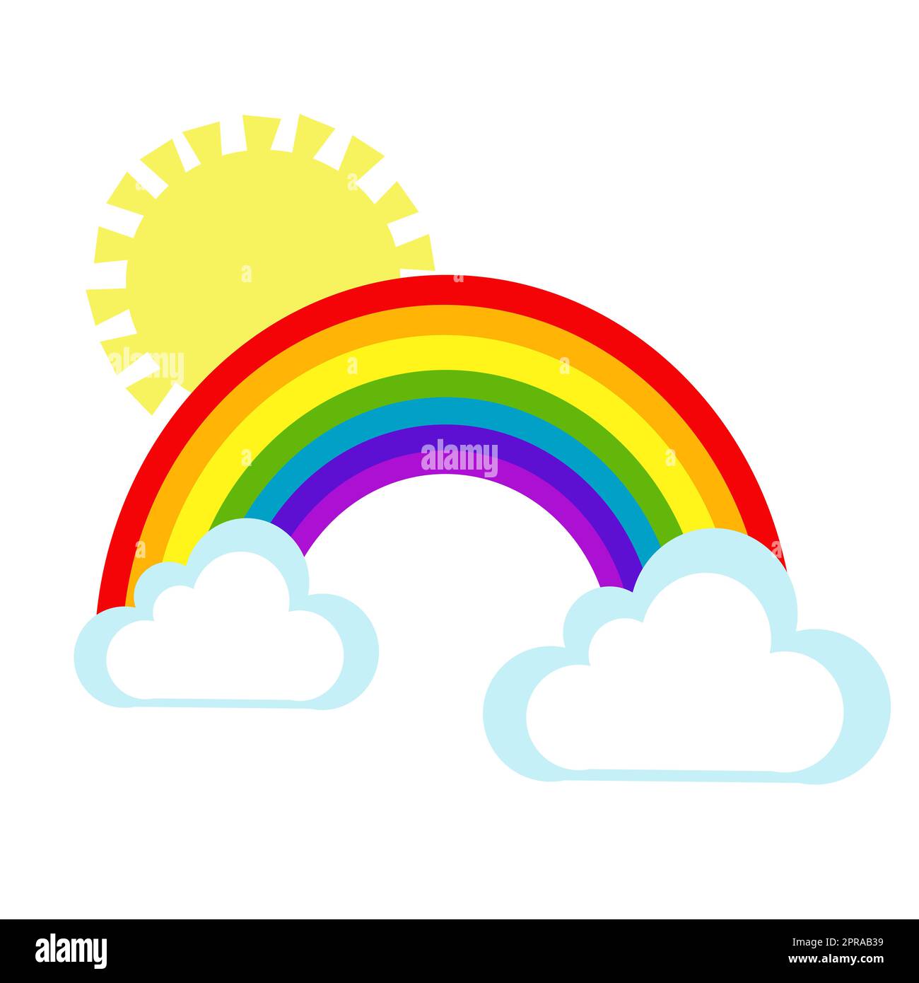 Flat cartoon illustration of rainbow with sun and clouds Stock Photo ...
