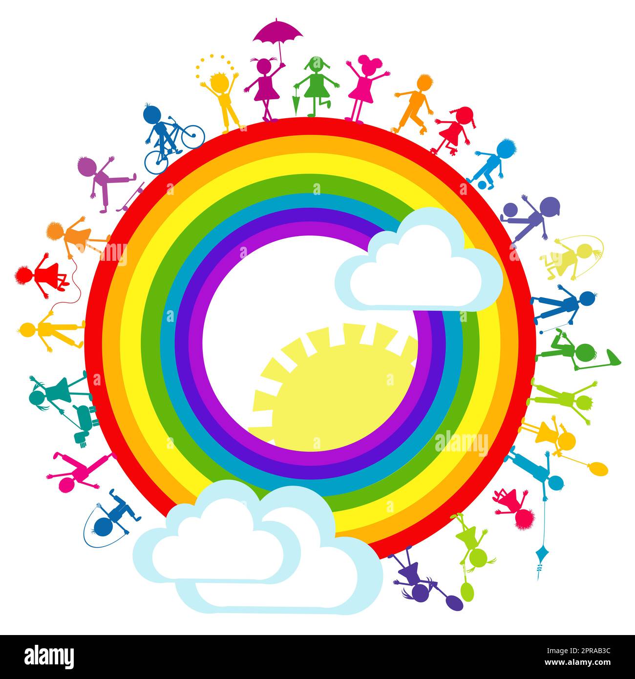 Background with hand drawn colored stylized kids around rainbow Stock ...