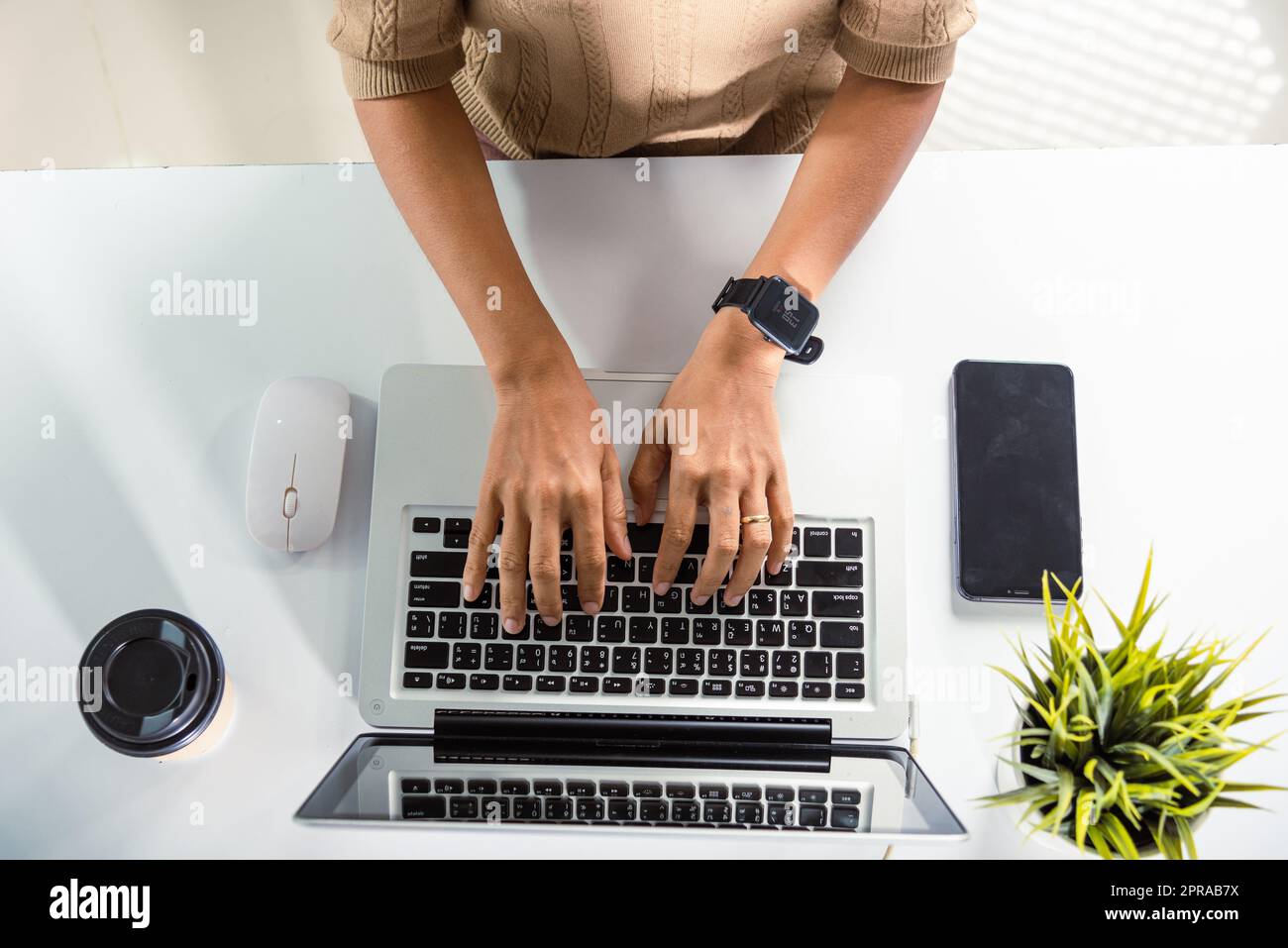 Female person text message for new project she remote work on computer ...