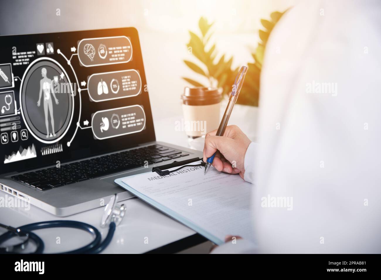 Doctor or nurse in uniform with stethoscope writing something ...