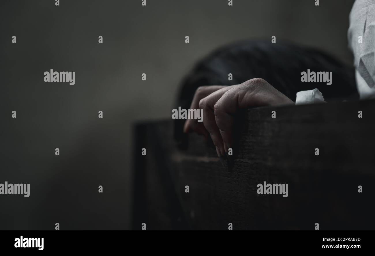 ghost horror creepy scary have hair covering face and eye lying in the ...