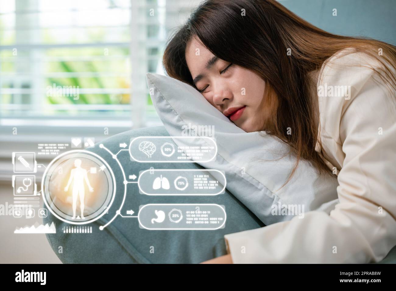 Tired woman sleeping closed eyes on sofa in living room at home Stock ...
