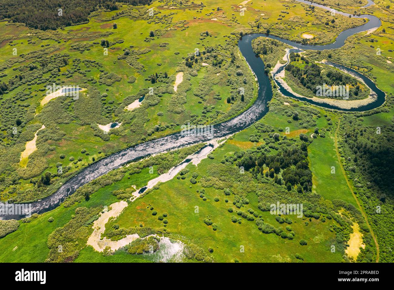 Aerial View Green Forest Woods And River Landscape In Sunny Spring ...