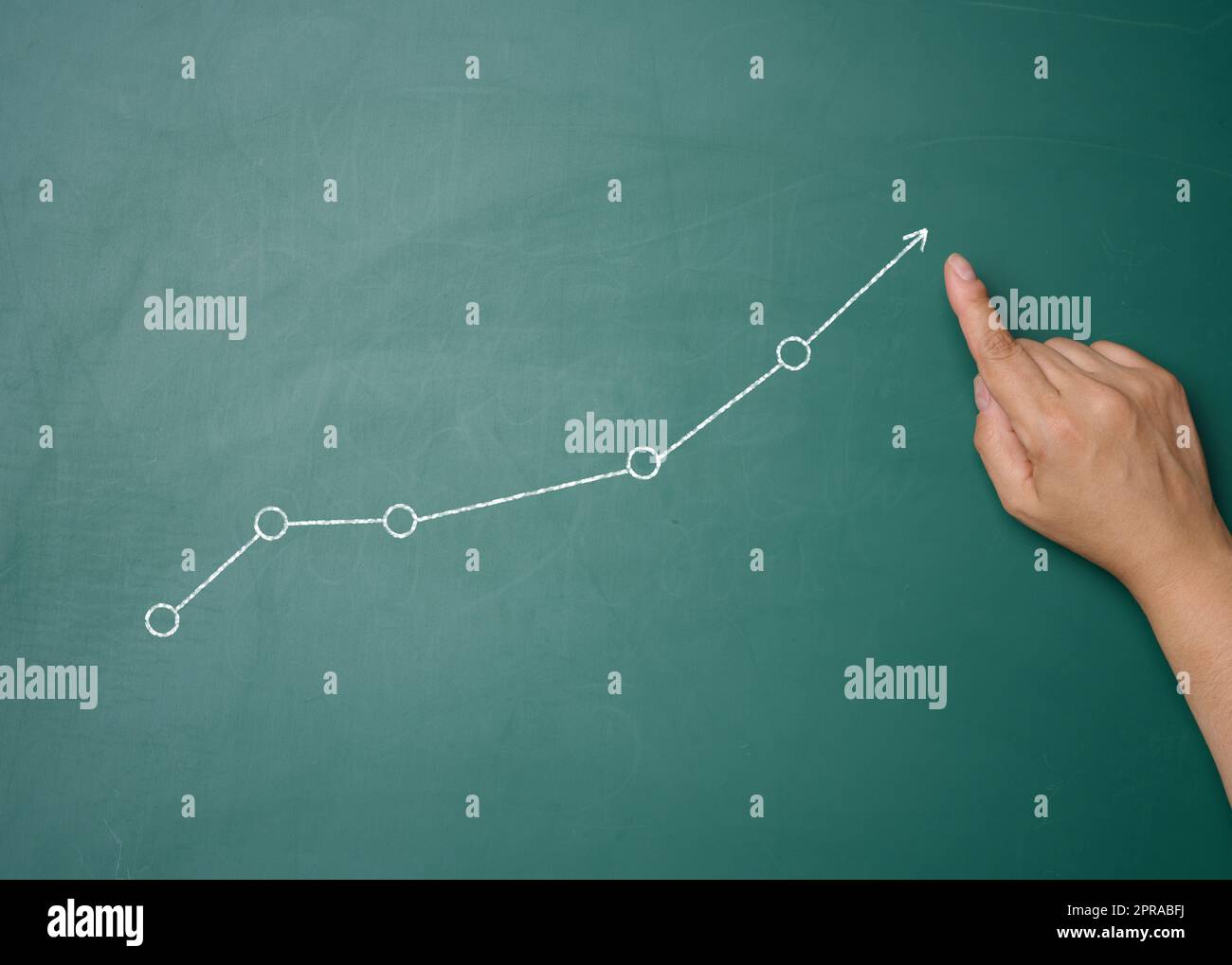 A woman's hand points to a graph with growing indicators drawn on a ...