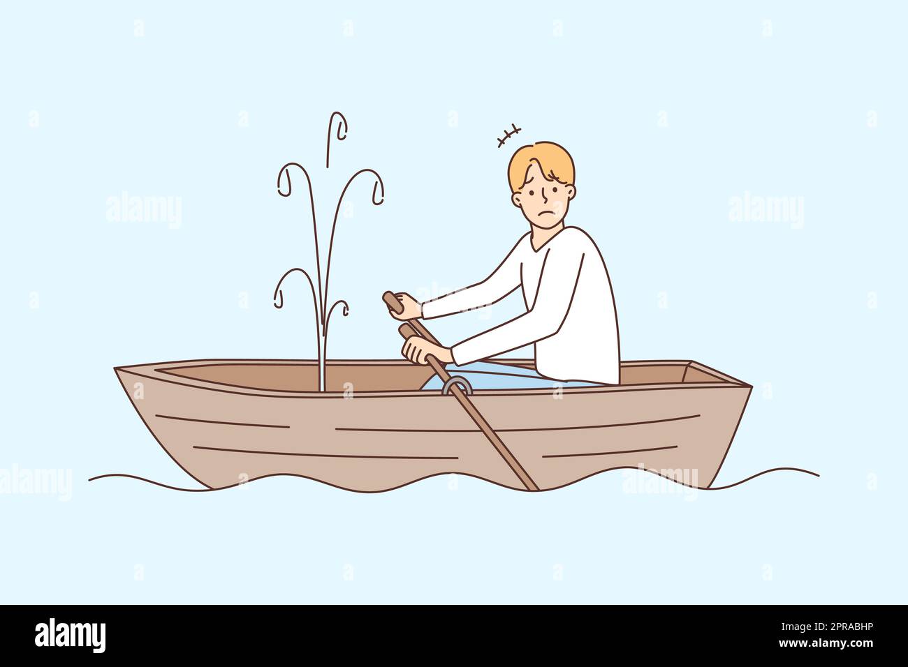 Stressed man rowing in boat see hole and water leaking. Unhappy ...