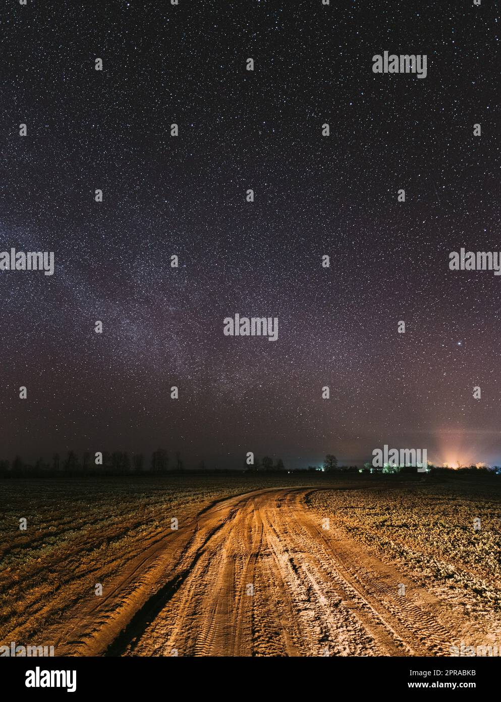 Night Starry Sky With Glowing Stars Above Countryside Road Landscape ...