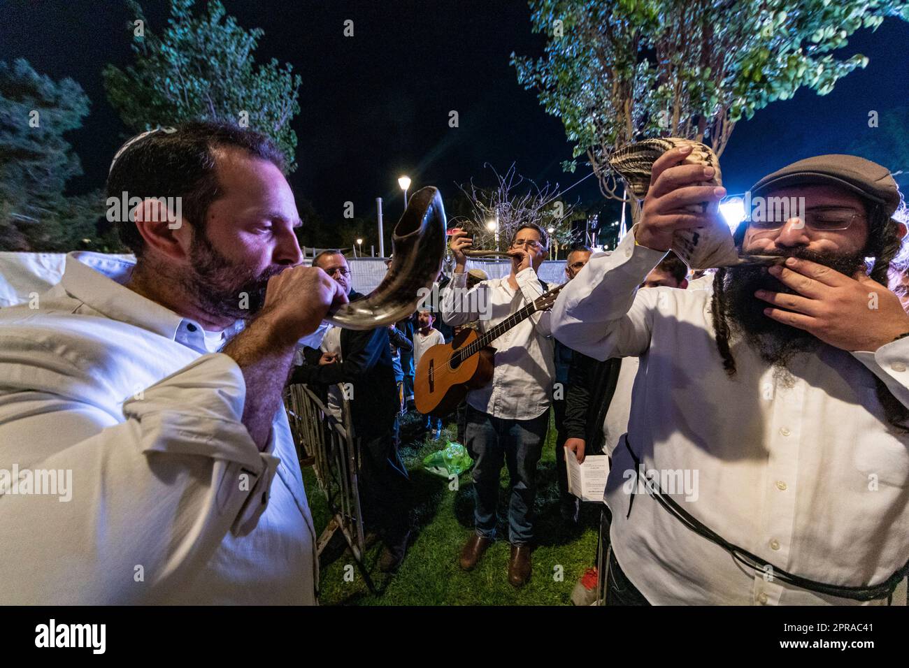 Harish, Israel. A Religious Jew blows a Shofar (ram's horn) during ...