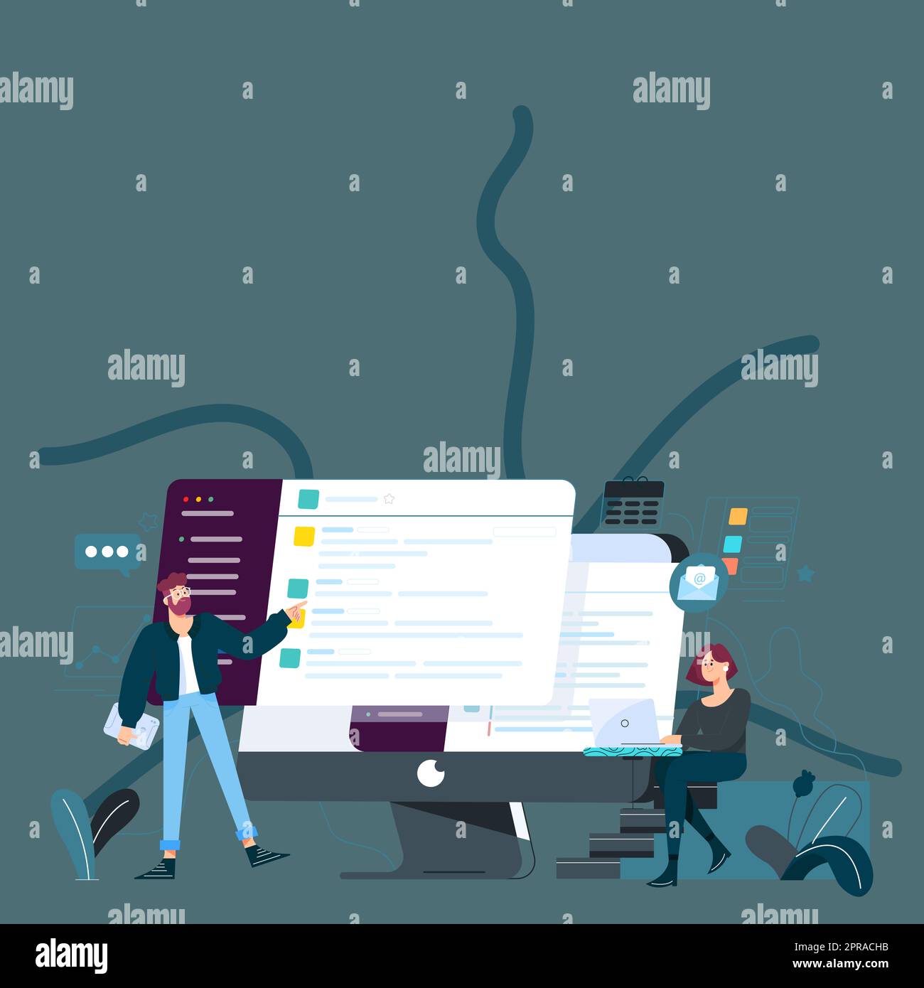 Couple Drawing Using Desktop Computer. Man Pointing Monitor Screen ...