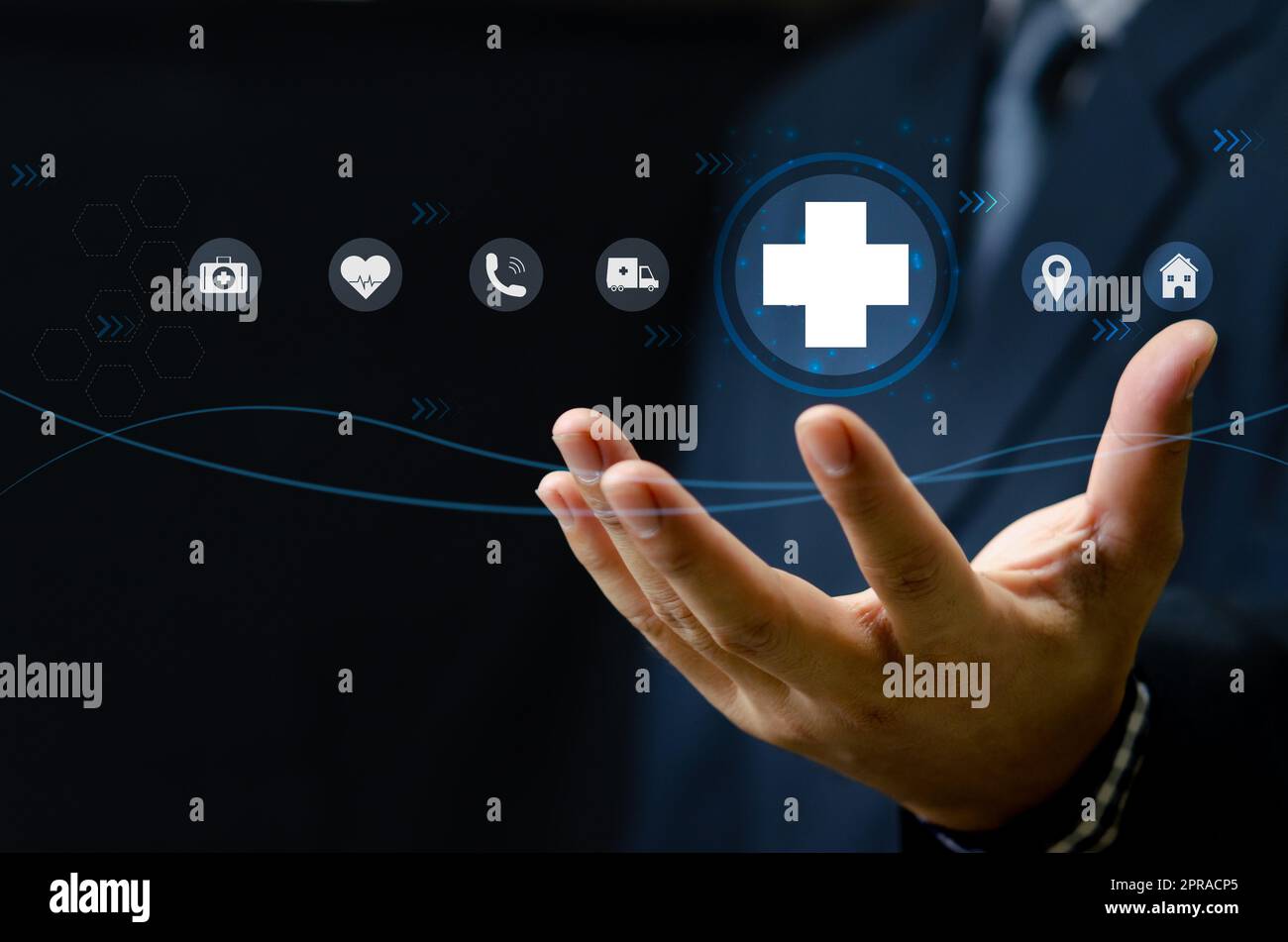 Man hand holding virtual medical health care icons with medical network ...