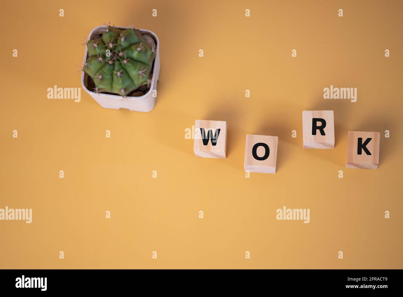 wood cube block text work on yellow background.copy space Stock Photo ...