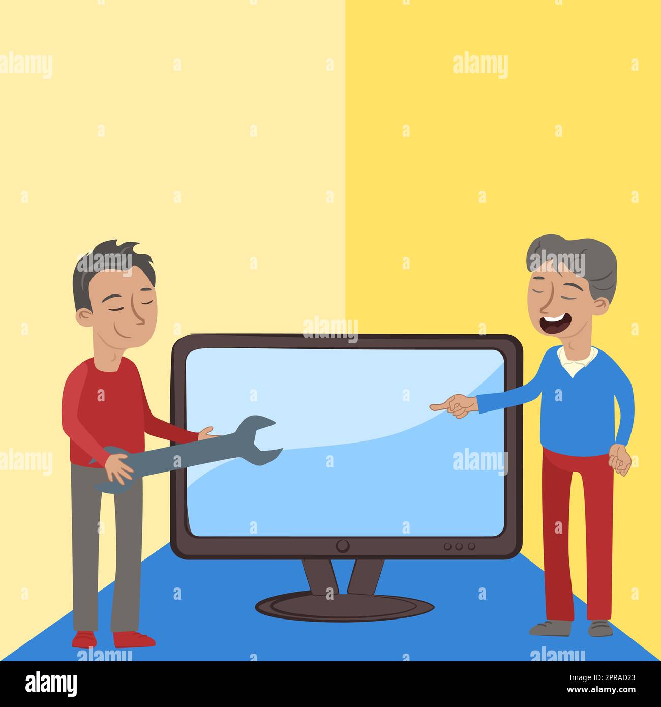 Man Pointing On Tv Screen. Man With Wrench Finding Issues With Device ...