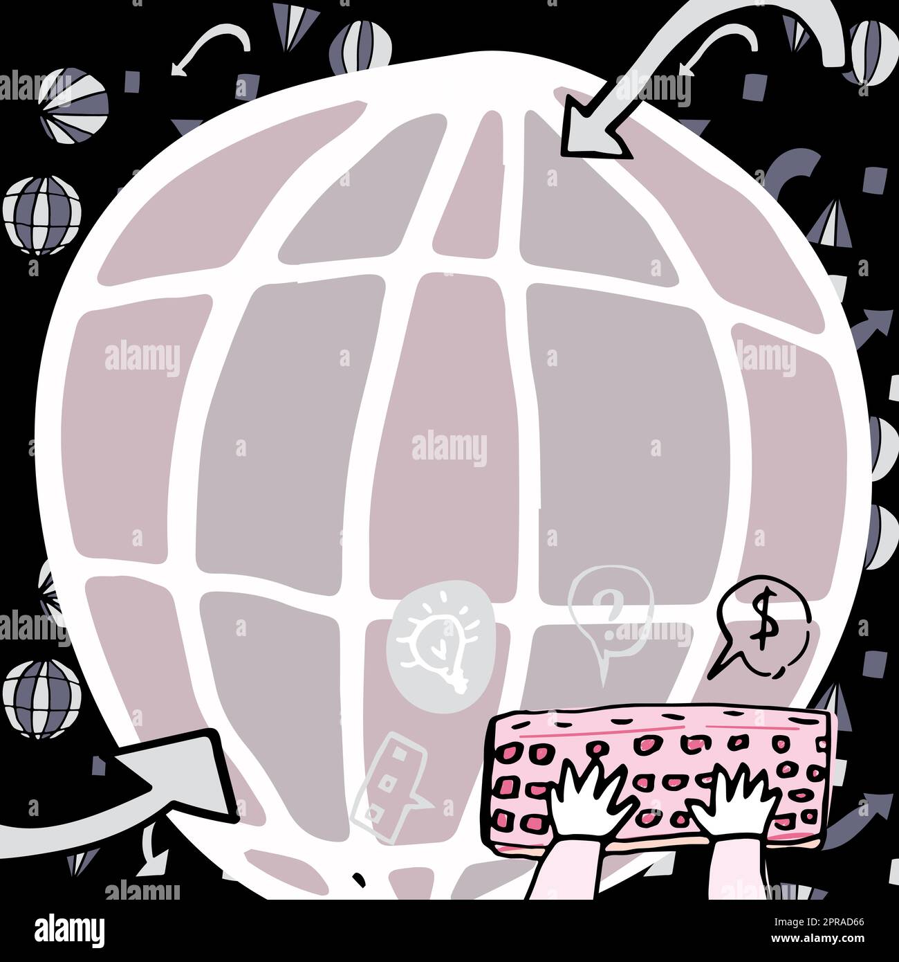 Hand Typing Keyboard Against World Globe And Arrows On Background ...