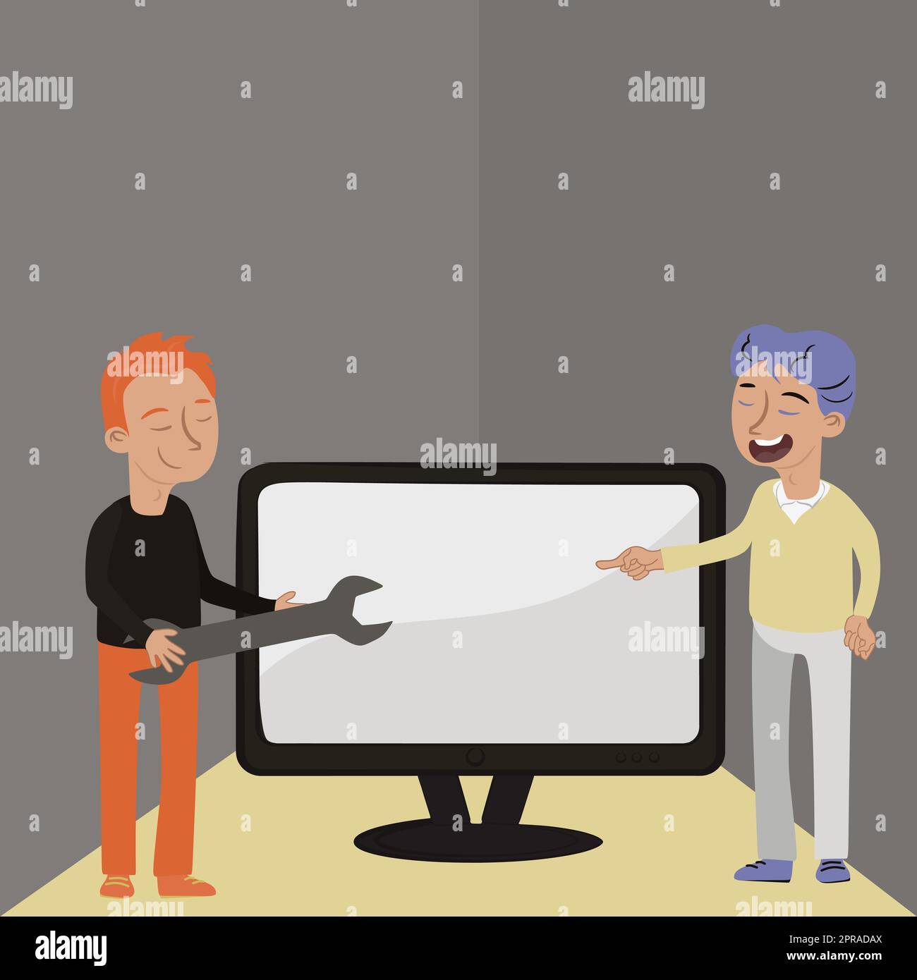 Man Pointing On Tv Screen. Man With Wrench Finding Issues With Device ... Man Pointing On Tv Screen. Man With Wrench Finding Issues With Device ...