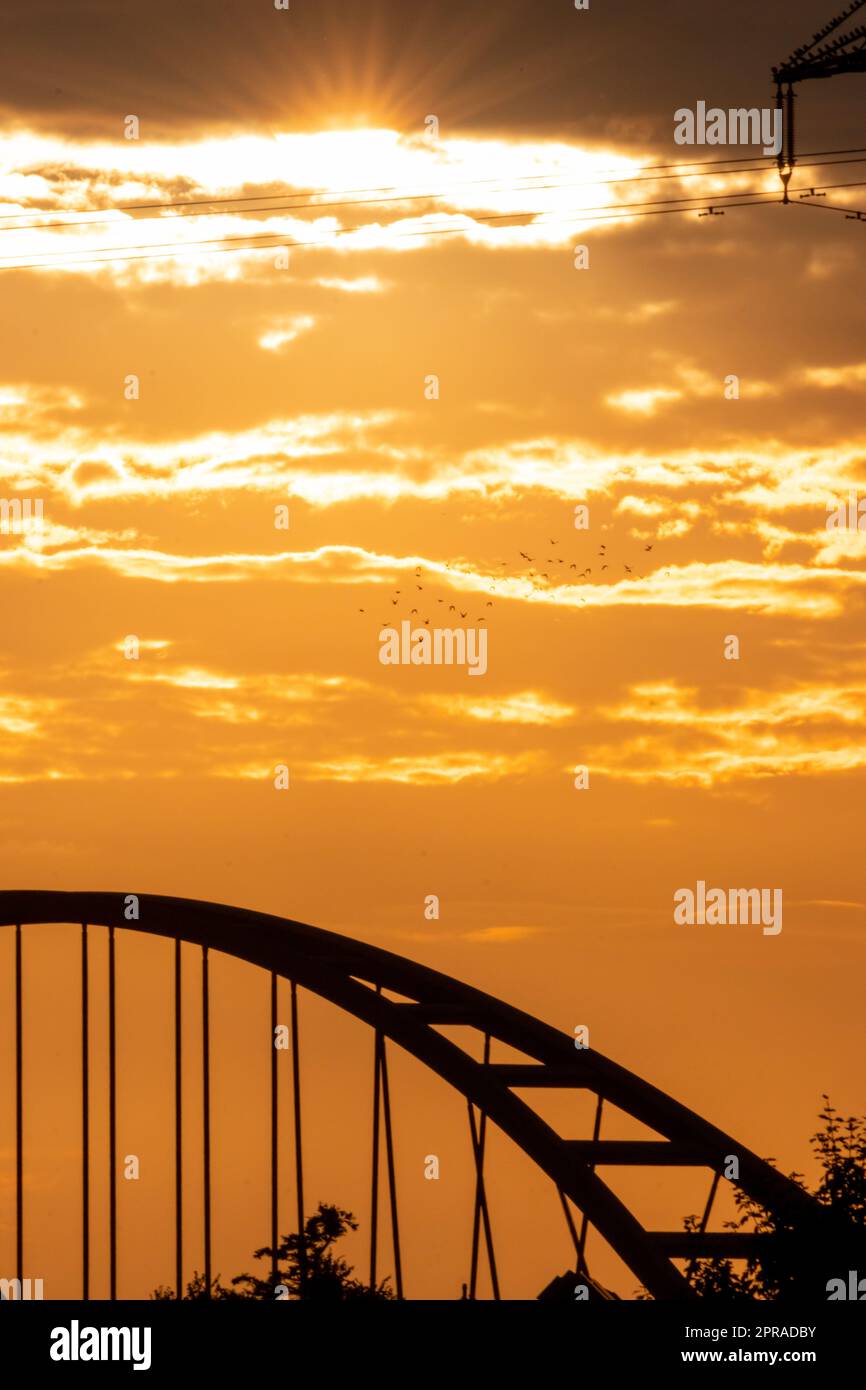 Golden sky with sun rays and lens flare shows solar energy with ...