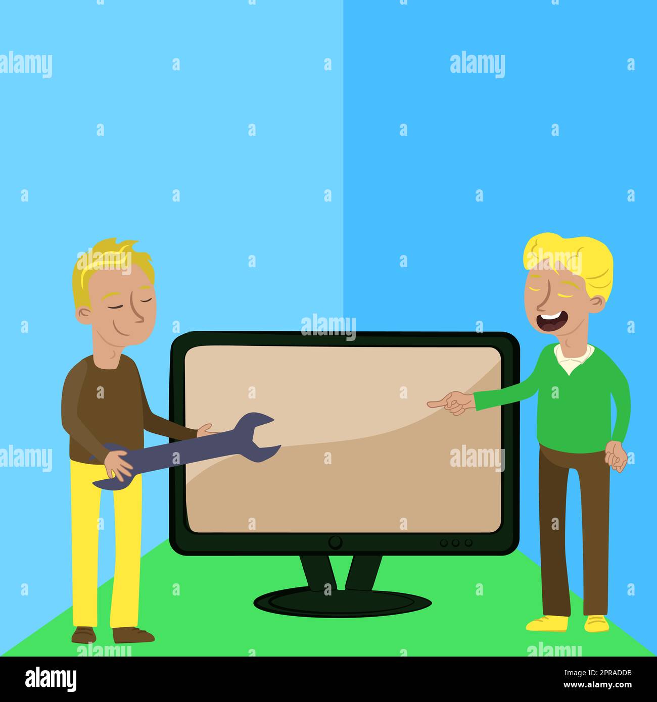Man Pointing On Tv Screen. Man With Wrench Finding Issues With Device ... Man Pointing On Tv Screen. Man With Wrench Finding Issues With Device ...